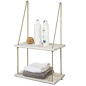 MyGift Shabby Chic Whitewashed Wood 2 Tier Floating Shelves Bathroom Shelf with Hanging Rope, Decorative Swing Display Shelf for Kitchen, Bedroom and Living Room