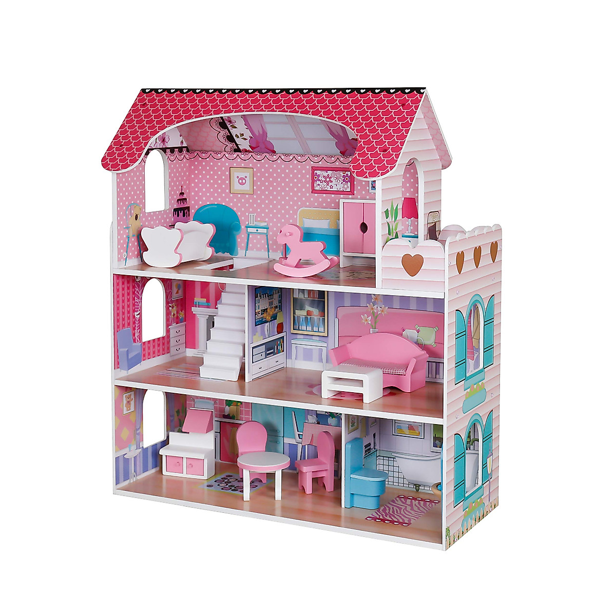 PIDOKO KIDS Wooden Dollhouse - includes 12 Pcs Furniture Accessories - Wood Doll House for 3 4-5 Year Old Girls