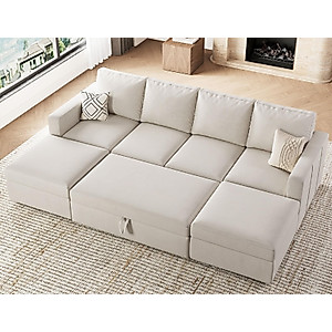 Belffin U Shaped Sectional Sleeper Sofa with Pull Out Bed Convertible Velvet Modular Sectional Couch Bed with Storage Ottoman Beige