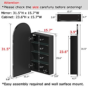 Black Arched Medicine Cabinet with Mirror, Bathroom Medicine Cabinet Organizer, Mirrored Medicine Cabinet Surface Wall Mount, Bath Vanity Mirror with Storage, 3 Adjustable Shelves, 16x31 Inch