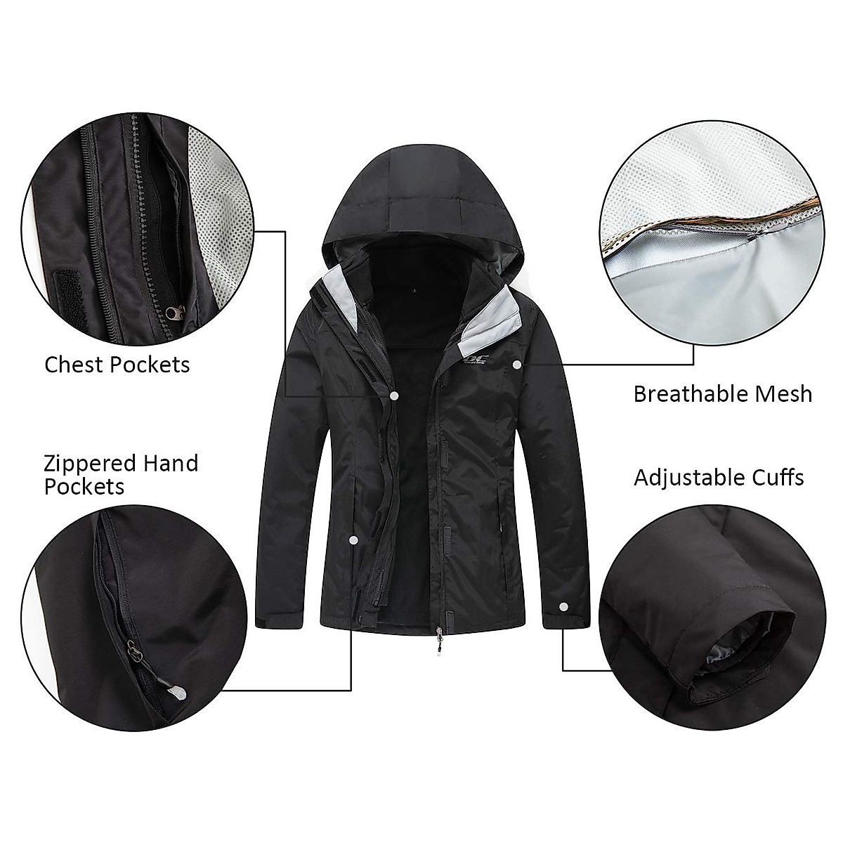 Diamond Candy Womens Winter Coat Waterproof Rain Jacket for Ski, 3 in 1 Fleece Jacket with Hood
