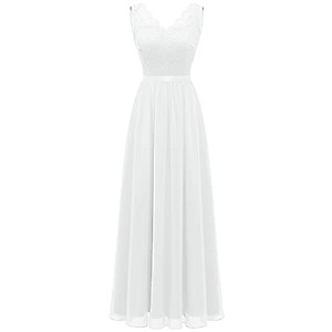 Daisyaner Women's Formal Floral Lace V-Neck Formal Dresses Evening Party Elegant Maxi Dress for Wedding Guest White L