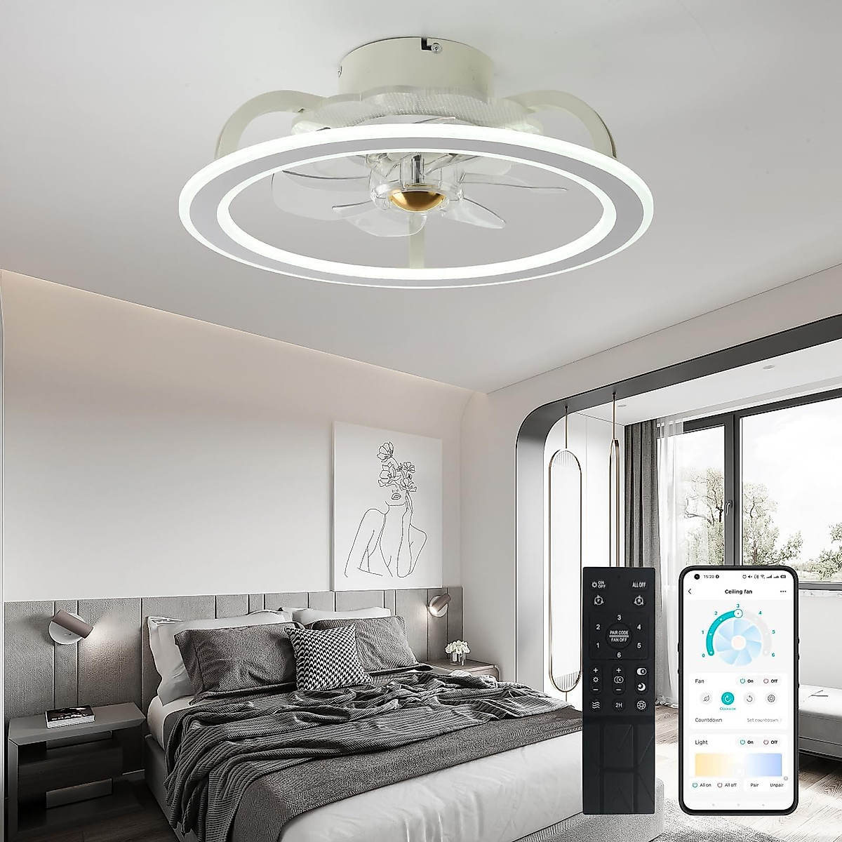 7000FAN Flush Mount Ceiling Fans with Lights Remote Control, Dimmable LED Light 6 Speed Enclosed Ceiling Fan, Low Profile Bladeless Ceiling Fan for Bedroom/Living Room/Small Space, White