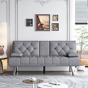HIFIT Futon Sofa Bed, Upholstered Convertible Folding Sleeper Sofa Bed with Removable Armrests, Modern Futon Couch for Living Room, Bedroom, 2 Cupholders, Metal Legs, Grey