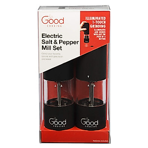 Electric Pepper Grinder and Salt Mill (2 Pack)- Battery Operated One-Handed Spice Dispenser w LED Light & Adjustable Coarseness- Matte Black, Batteries Included