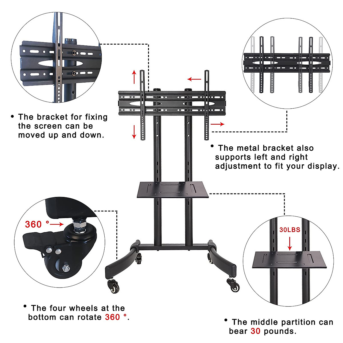 ABCCANOPY TV Cart Rolling Trolley Mount TV Stands w/Wheels, Rolling Monitor Stand with Adjustable Shelf for LED LCD OLED Flat Screen, Plasma TVs TV & Monitor (Mobile TV Cart/32-65)