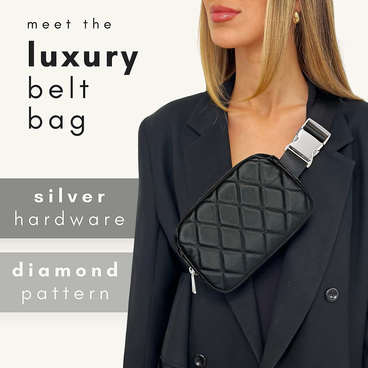 Boutique Luxury Chain Belt Bag | Crossbody Bag Leather Fanny Pack for Women Fashionable | Cute Everywhere Bum Hip Waist Pack | Small Travel Fashion Chest Bag (Extended Strap, Black Silver | Diamond)