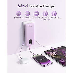Charmast Portable Charger with Built-in Cables and AC Wall Plug, 10000mAh Ultra Slim Power Bank, External Battery Pack, Travel Accessories Compatible with iPhone 14/13, Samsung Galaxy, etc