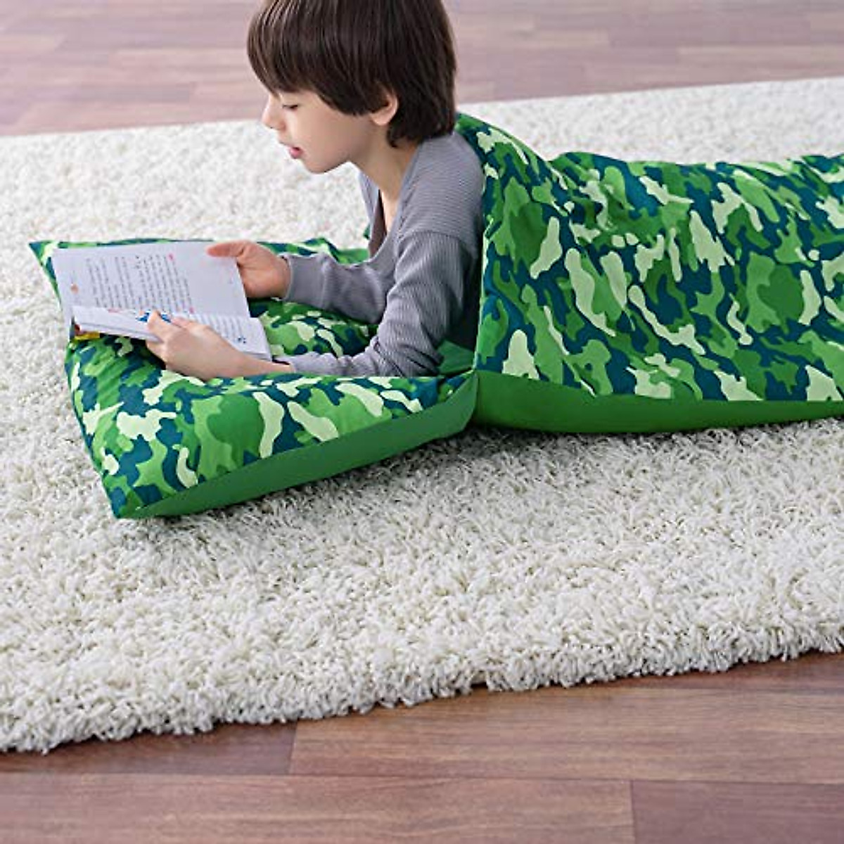 Amazon Basics Rectangular Kids Ultra-Soft Light-Weight Indoor Slumber Sleeping Bag, 69 x 52 in, Camo Green