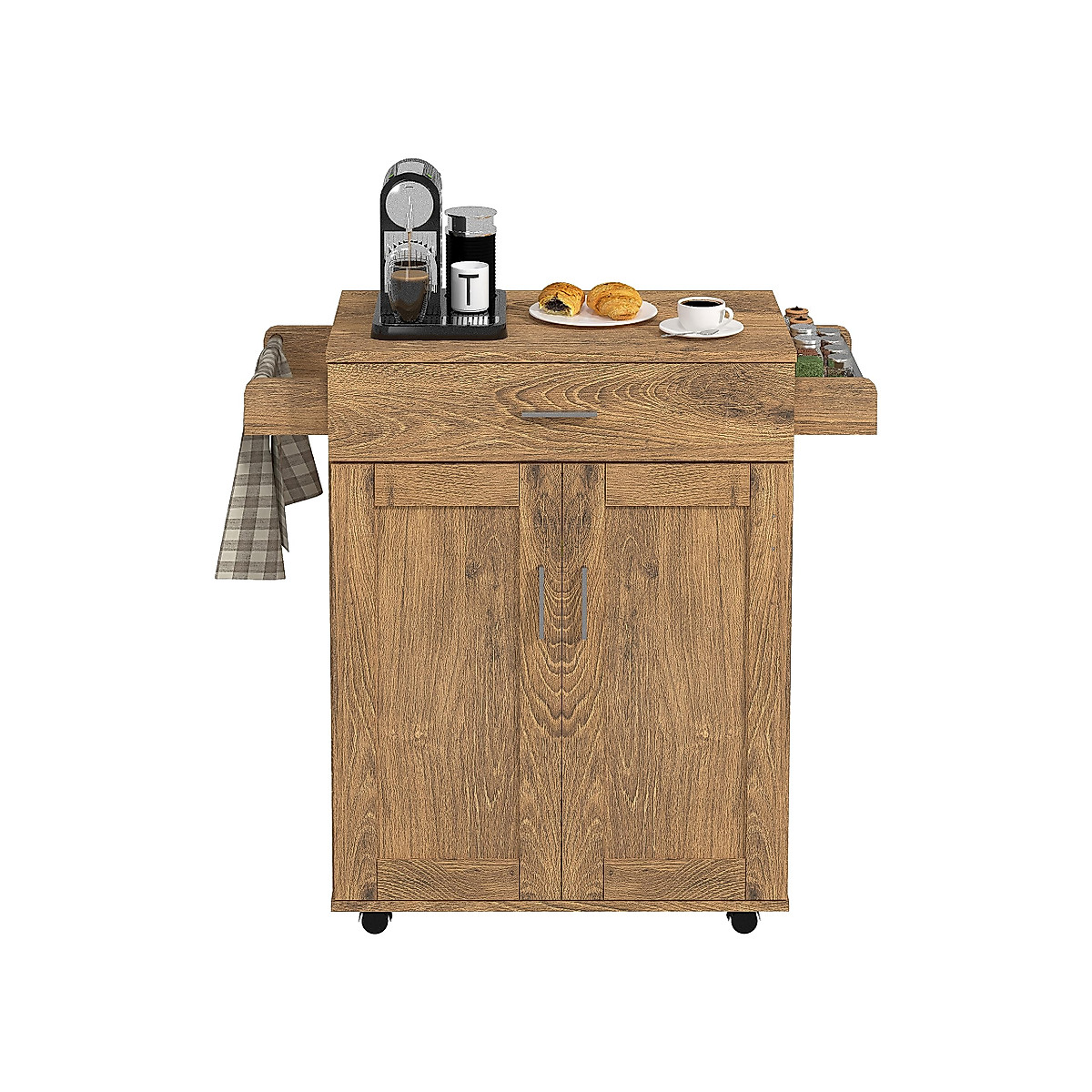 Panana Rolling Kitchen Island, Kitchen Trolley Cart with Spice Rack, Large Drawer, Towel Rack, Storage Pantry Cabinet, Kitchen Cart on Roller Wheels, Dining Room Furniture, Walnut