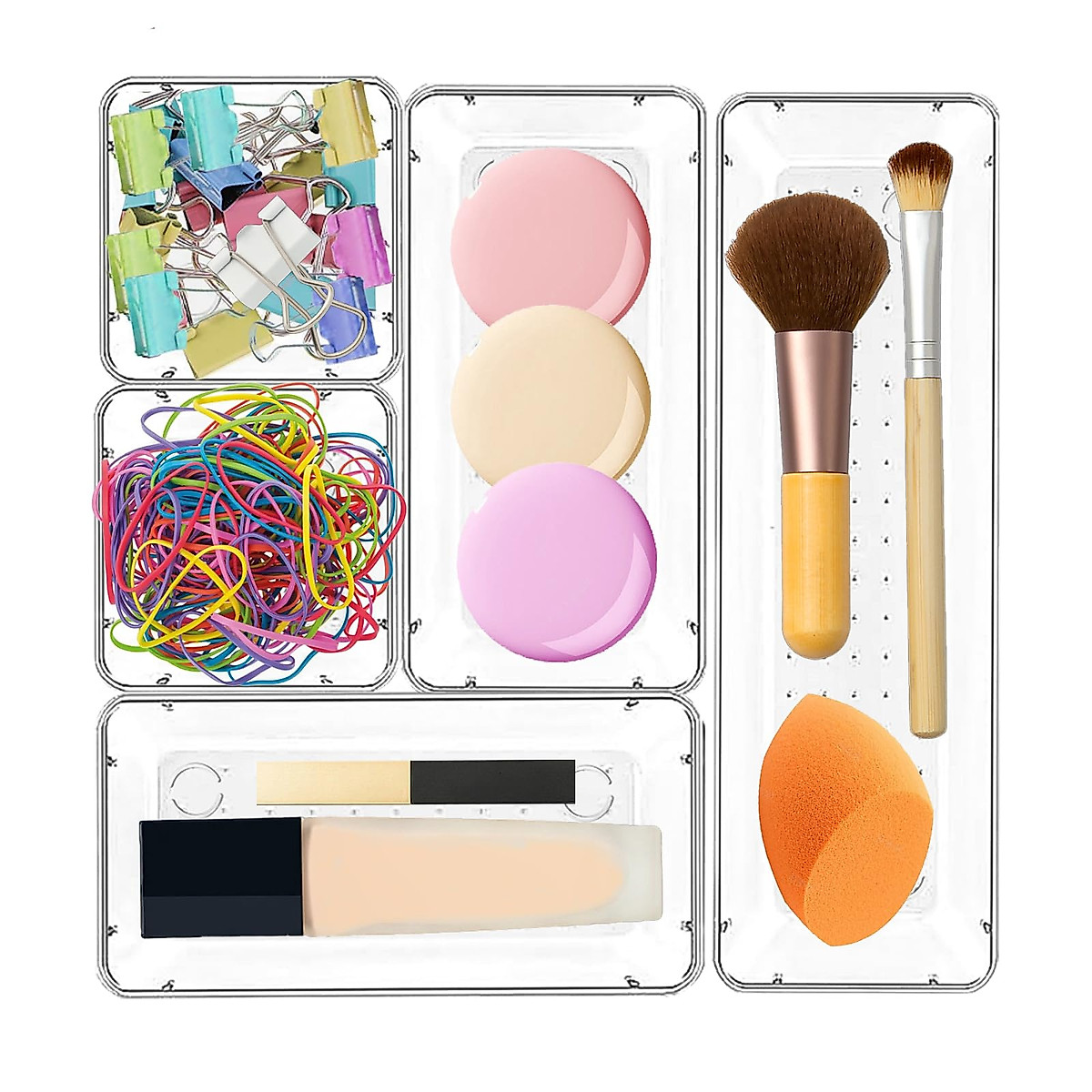 Fodofodo 6 Pack Clear Drawer Organizer Set,Versatile Bathroom and Vanity Organizer Trays,Acrylic Drawer Storage Trays,Storage Bins for Makeup Jewelries,Cosmetics,Gadgets,Kitchen Utensils and Office