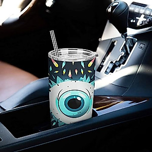 FHENMSA Stainless Steel Insulated Travel Coffee Mug,Evil Eyes Print Reusable Car Cup,Thermal Cup for Outdoor with Straw And Lid