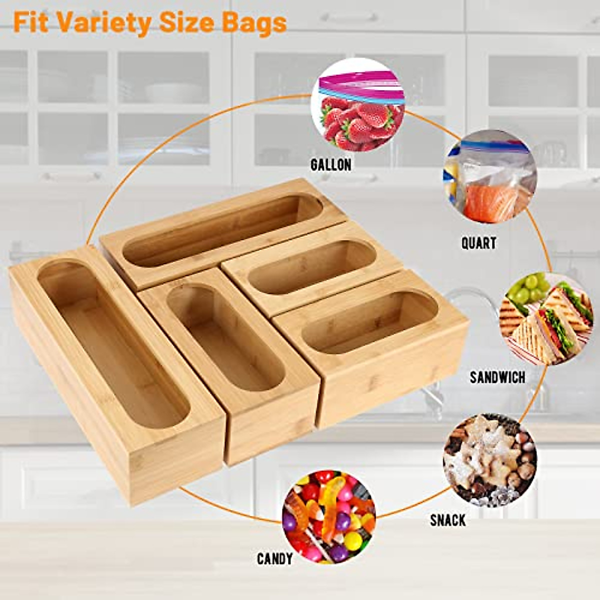 WICHEMI Food Bag Storage Organizer - Bamboo Bag Container Dispenser for Kitchen Drawer Food Storage Bag Holders Compatible with Ziplock, Gallon, Quart, Sandwich, Snack, Candy Variety Size Bags