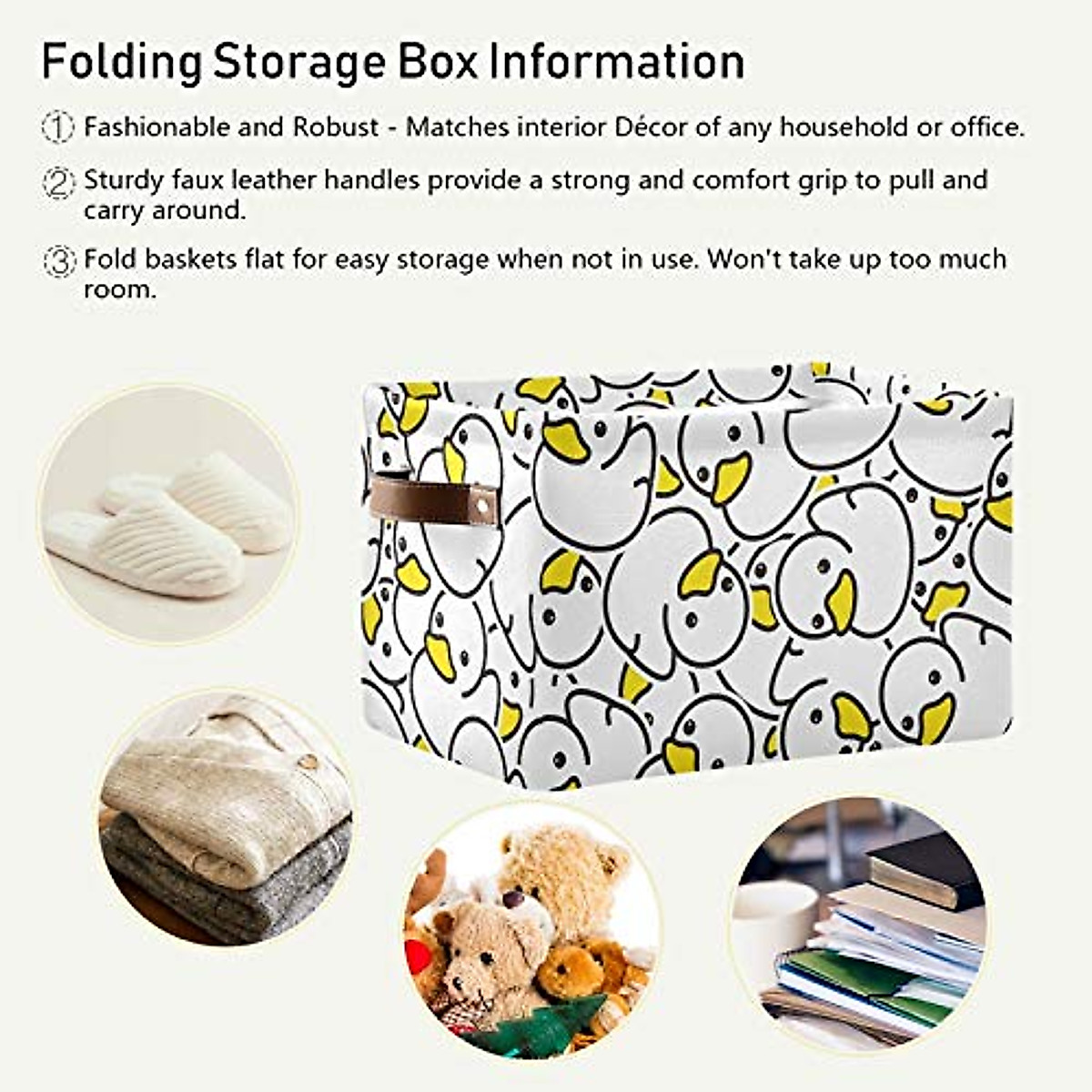 KLL Storage Bins Large Foldable Rubber White Ducky Storage Basket with Leather Handles for Home Office Closet or Shelves