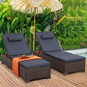 Rattan Star Outdoor Chaise Lounge Set of 2 Brown Wicker Patio Chaise Lounge Chairs Pool Lounge Chairs Multi-Angle Adjustable Backrest with Blue Cushions and Headrest