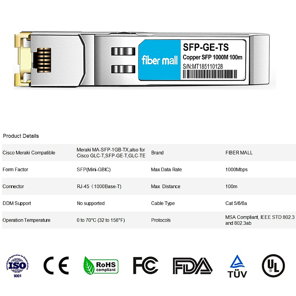 SFP to RJ45 for Cisco Meraki MA-SFP-1GB-TX 1000Base-T Copper RJ-45 100m Mini GBIC Transceiver Module