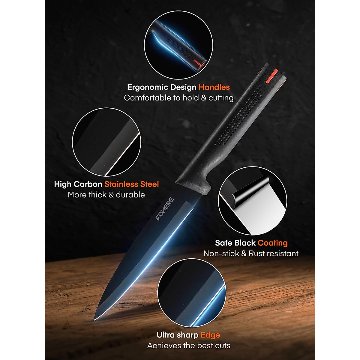 FOHERE Knife Set with Block 13 Pieces Stainless Steel Knife Sets for Kitchen with Built-in Sharpener Sharp Kitchen Knife Block Set with Granite Pattern, Anti-slip Handle Rust Resistant, Black