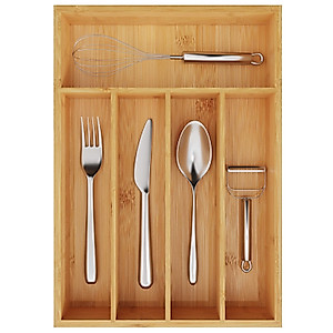 MOBOOMTIE Bamboo Silverware Organizer - Kitchen Drawer Organizer and Utensil Organizer, Perfect Size for Silverware, Flatware, Knives in Kitchen, Bedroom, Living Room (Natural, 9.8 in)