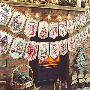 Pink Christmas Decorations Vintage Style Christmas Banner, Traditional Retro Santa Claus Bunting Vintage Merry Christmas Decorations for Indoor Fireplace Home Office Christmas Holiday New Year Party