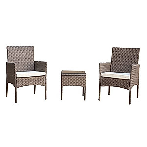 YIYAN 3 Pieces Outdoor Furniture Set Patio Rattan Wicker Chairs & teatable,Lawn Garden Balcony Backyard，with Washable Cushion (White)