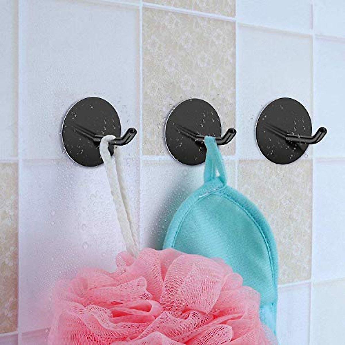 SouLips Adhesive Hooks, Self Adhesive Black Wall Mount Hanger for Key Robe Coat Towel, Super Strong Heavy Duty Stainless Steel Hooks, No Drill No Screw, Waterproof, for Kitchen Bathroom Toilet, 4 Pack