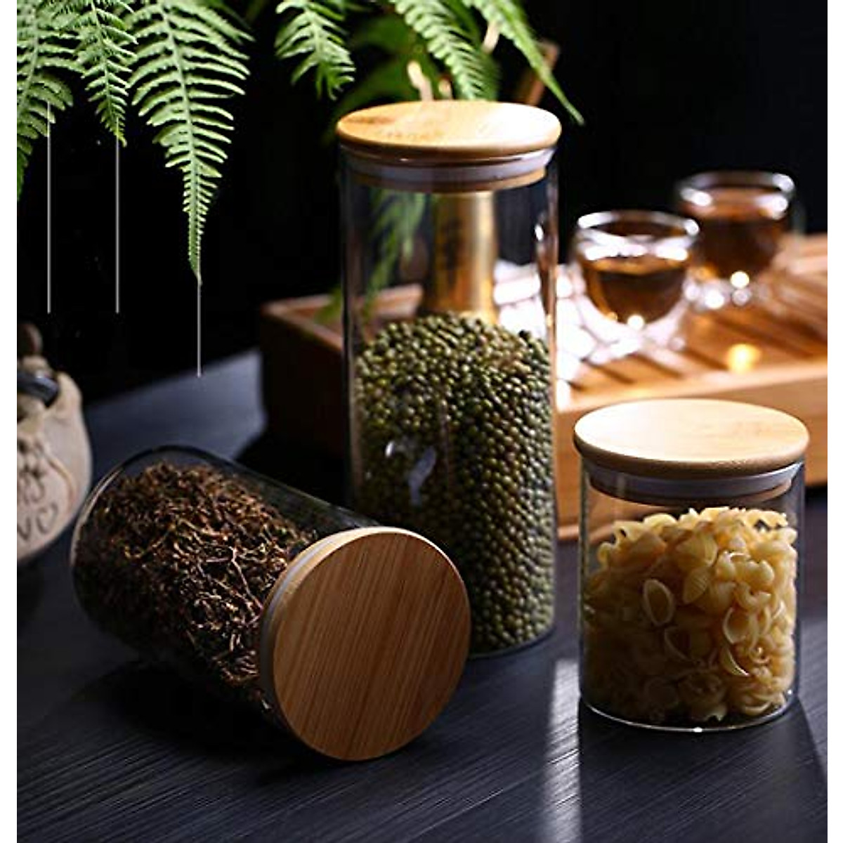 2PCS Empty Thicken Clear Glass Canister Home Kitchen Food Storage Cotainer Jars Pots With Airtight Wood Lids Air Tight Vial Bottles for Coffee Bean Tea Sugar Dry Fruit Nuts Candy (350G)