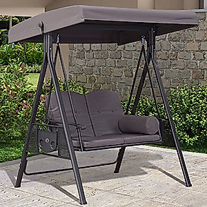 PURPLE LEAF Outdoor Patio Porch Swing with Stand, 2-seat Swing Chair with Adjustable Tilt Canopy All-Weather Steel Frame for Backyard Front Porch Lawn, Cushions and Pillow Included, Grey