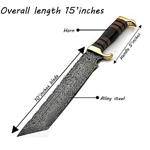 HTK-9228 Custom Handmade Damascus Steel Hunting Tanto Knife 15 Inches Buffalo Horn Handle Ladder pattern Blade with sheath