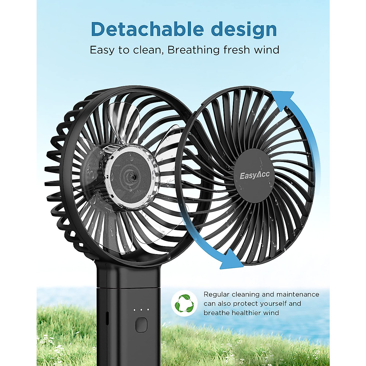 EasyAcc Handheld Fan, 2024 Newly Powerful Quiet Portable Fan Small Desk Fan [ 4 Speed/Battery Indicator/Easy Clean] 17H Battery Operated Fan One Touch Power Off Personal Fan for Travel Outdoor