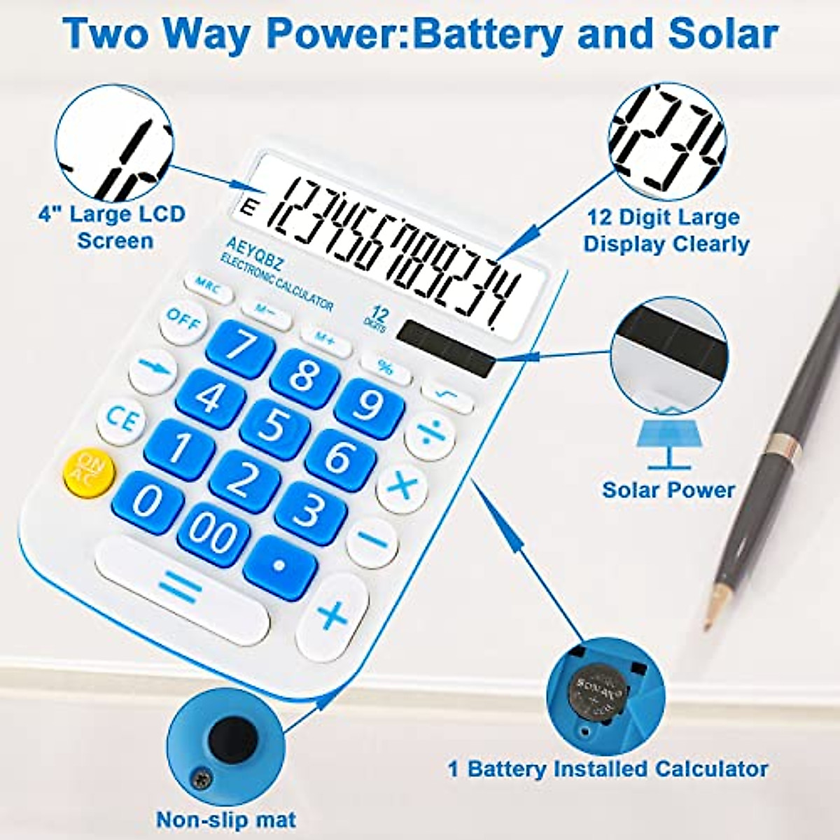 Calculators Desktop, Two Way Power Battery and Solar Desk Calculator, Big Buttons Easy to Press Used as Office Calculators for Desk, 12 Digit Adding Machine Calculators Large LCD Display(Blue)