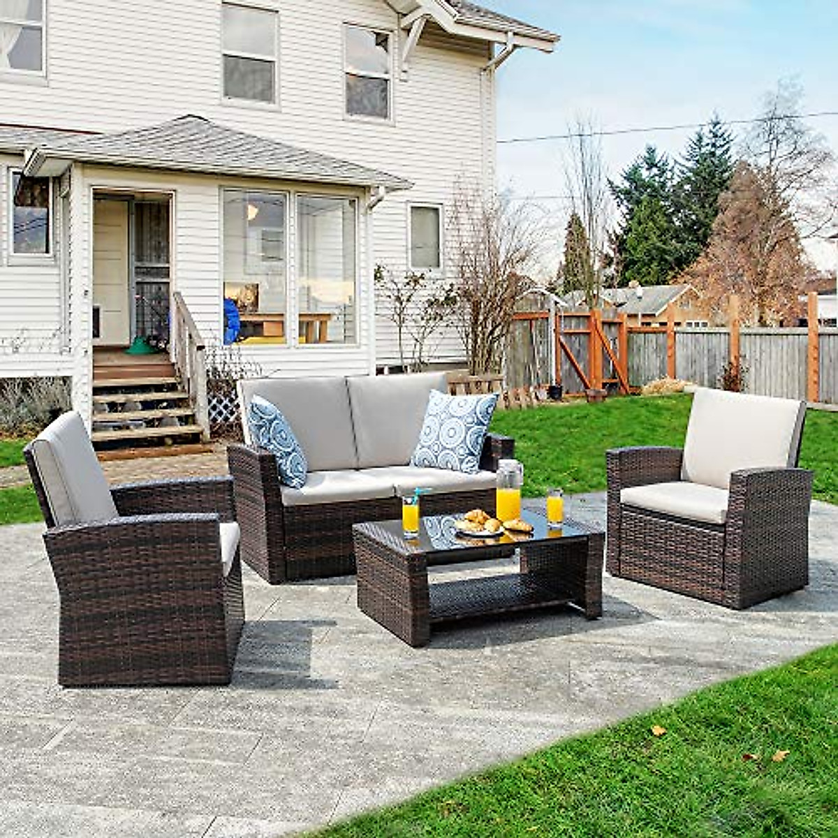 Walsunny Quality Outdoor Living,Outdoor Patio Furniture Sets,4 Piece Conversation Set Wicker Ratten Sectional Sofa with Seat Cushions (Brown)