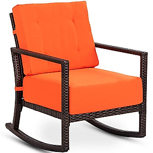 Tangkula (Orange) Rocker, Outdoor Patio Rattan Wicker Rocking Armchair Chair Furniture W/Cushion