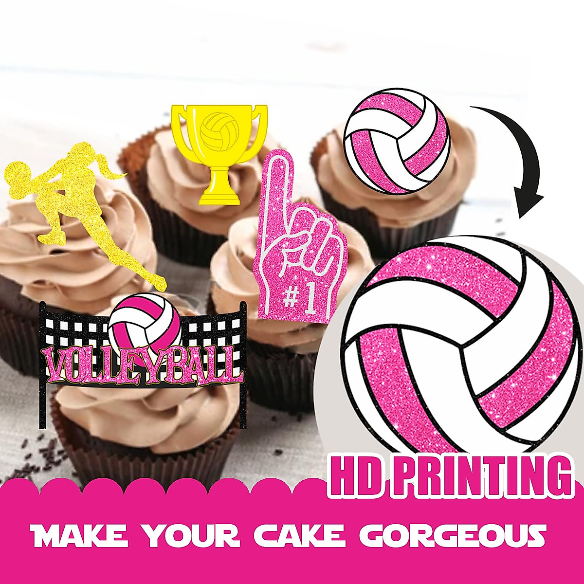 18pcs Pink Glitter Volleyball Dessert Cupcake Topper Beach Volleyball Player Sport Theme Decor Supplies Girls Happy Birthday Decorations