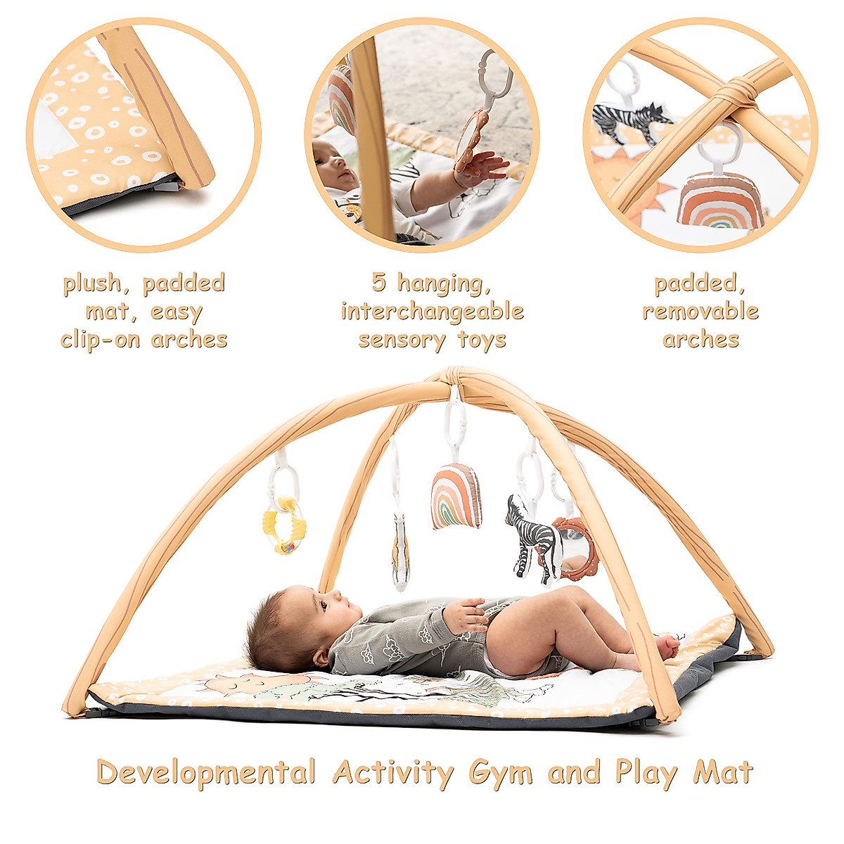 JumpOff Jo - Baby Gym Activity Center & Washable Play Mat - Includes 5 Early Development & Sensory Toys – Ideal for Infants Ages 3 Months or Older - Tiny Dino Blue