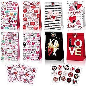 24 PCS Valentines Day Paper Gift Bags, 8 Assorted Styles Valentine Treat Bags + 36PCS Valentine Stickers for Kids Adult,for Wrapped Gifts Party Supplies,Valentines Gifts Packing