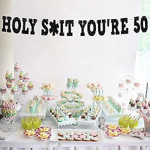 Holy S**t You’re 50! Banner Backdrop Glitter Black Hallo Fiftieth Cheers to 50 Years Old Theme Decor for Man Woman Happy 50th Birthday Party Decorations Photo Studio Prop Flag Favors Supplies