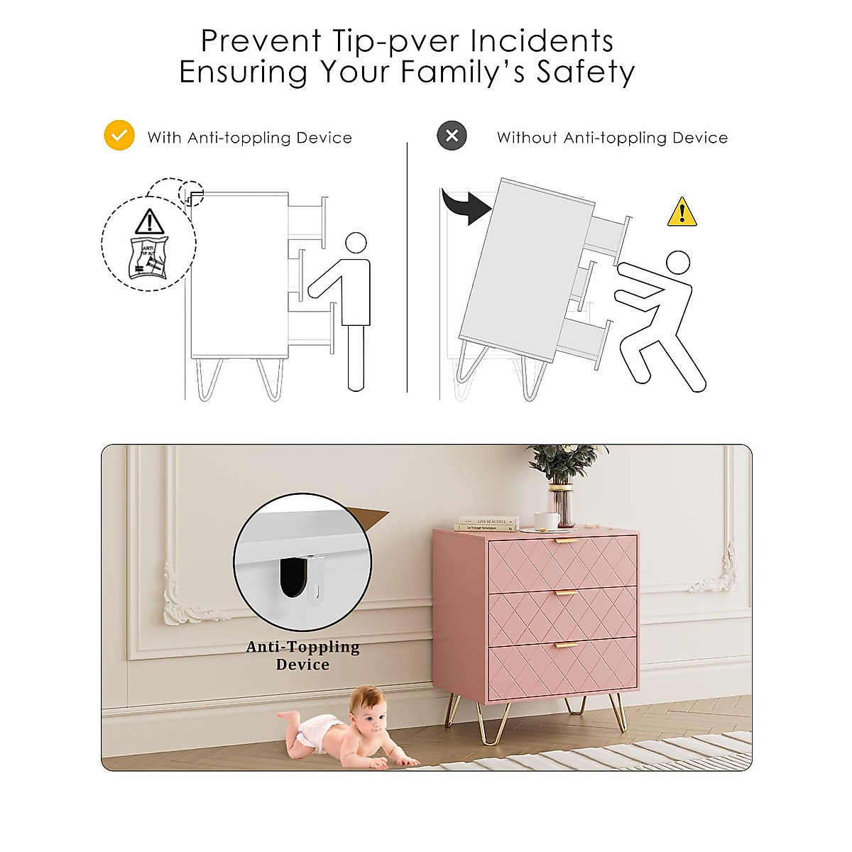 Aobafuir 3 Drawer Dresser for Bedroom, Modern Closet Dressers Chest of Drawers, Storage Dresser Chest Cabinet Organizer Unit, Small Fluted Dresser for Bedroom (Pink Diamond)