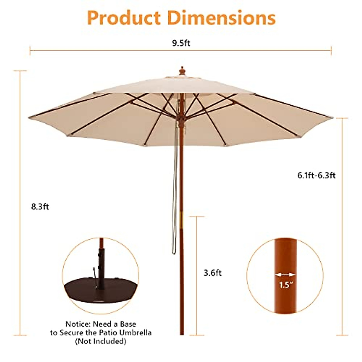 TANGKULA 9.5 FT Pulley Lift Round Patio Umbrella, Wooden Market Umbrella W/Rope Pulley Mechanism, 8 Fiberglass Ribs, Portable Table Parasol, Outdoor Sun Umbrella for Garden, Yard, Deck, Pool (Beige)