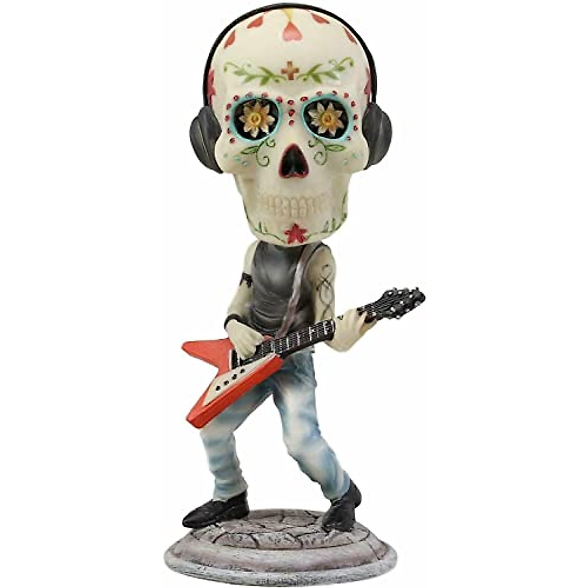 Ebros Gift Day of The Dead Skeleton Rock Band Guitar Player Guitarist with Headphones Bobblehead Statue 6.5" Tall Dias De Muertos Sugar Skull Bobble Head Musician Figurine