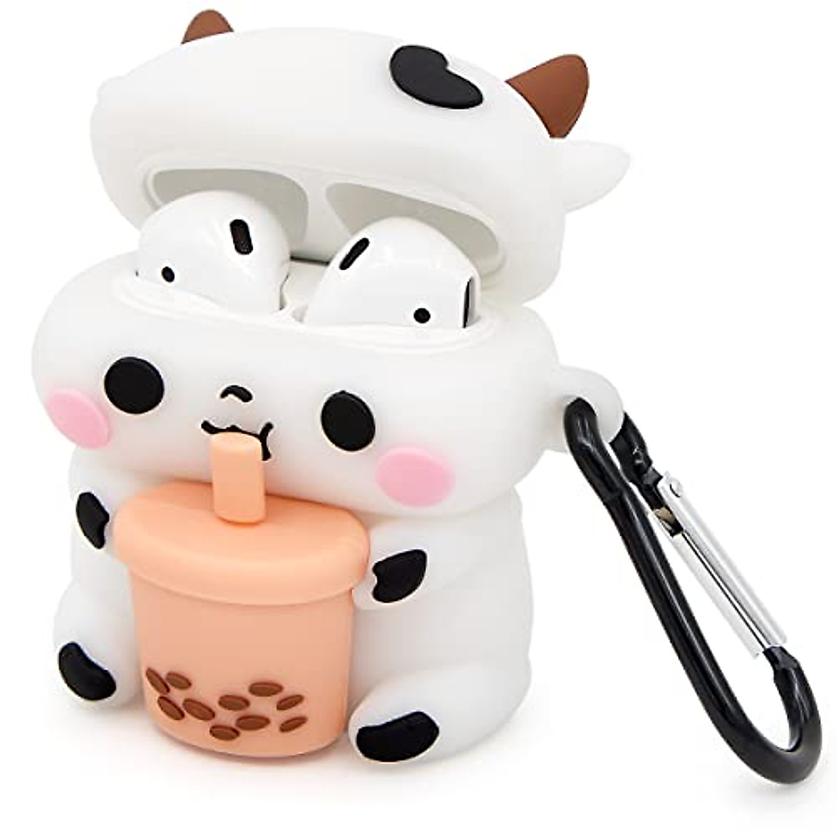 Mouzor Cute Airpods Case, Airpods 2 Case, Boba Tea Cow Funny 3D Cartoon Animal Case, Soft PVC Full Protection Shockproof Charging Case Cover with Carabiner for Airpods 1st Generation, 2nd Generation