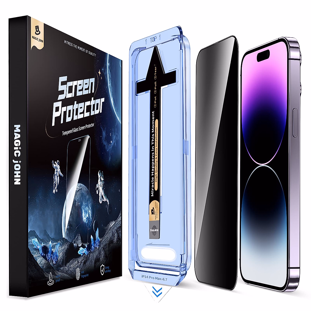 MAGIC JOHN 2 Pack for iPhone 14 Pro Max 6.7 inch Privacy Glass Screen Protector, Auto Dust-Elimination Installation, Bubble Free, HD Clear, Easy Installation