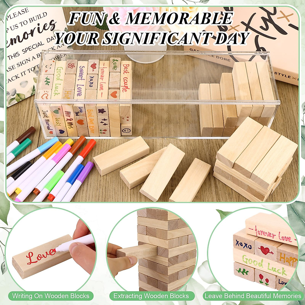 CosCosX 86 Pcs Wedding Guest Book Alternative Wooden Block in Acrylic Storage Box Guest Book for Wedding Sign in,24 Pcs Signature Pens Wedding Bridal Baby Shower Game Decorations for Sign in,Reception