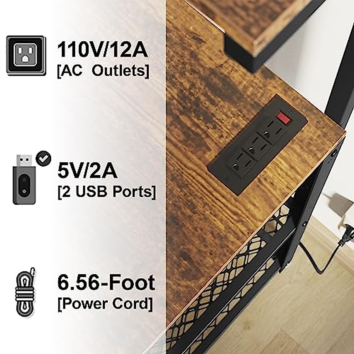 IRONCK Bakers Rack with Power Outlet, Industrial Microwave Cart with Wheels 3-Tier Coffee Bar for Kitchen Living Room Vintage Brown