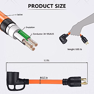 boeemi 3 Prong 30 Amp to 30 Amp RV Generator Adapter Cord,L14-30P Locking Male Plug to TT-30R Female,12 Inch STW 10/3 Orange