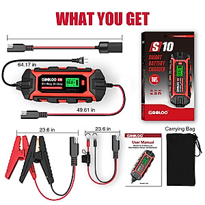 GOOLOO 10-Amp Car Battery Charger, 6V and 12V Fully Automatic Battery Charger Maintainer, Trickle Charger, Supersafe Smart Battery Desulfator for Lead-Acid Batteries(S10)