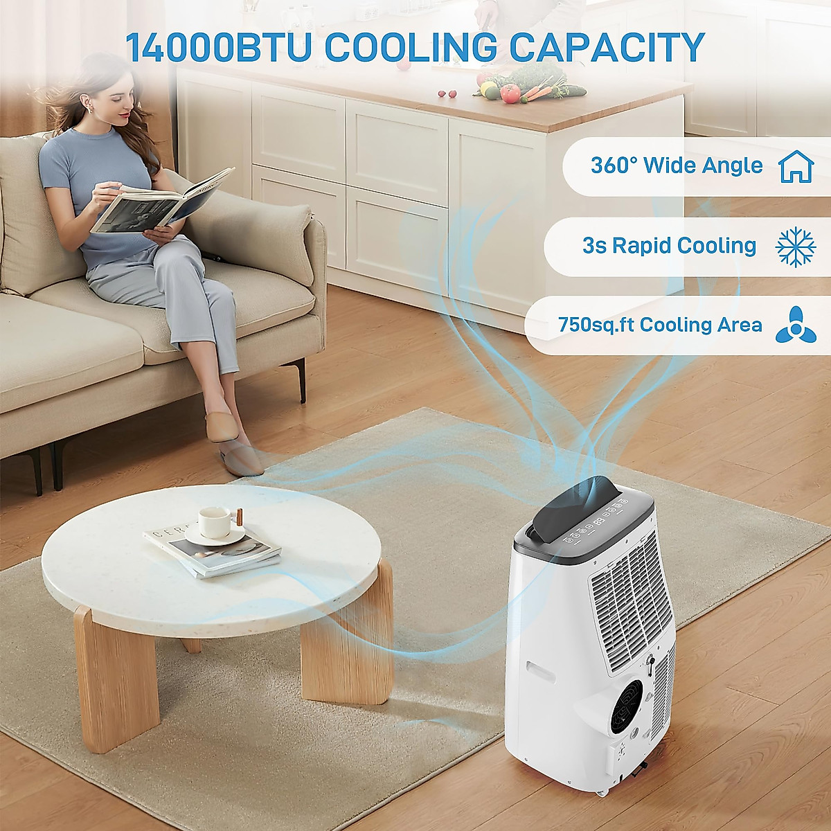 14000Btu Portable Air Conditioners with Remote Control, 4-in-1 Portable AC Unit with Fan & Dehumidifier, Cools Room up to 750 sq.ft, Sleep Mode, 3 Speed, 1-24H Timers
