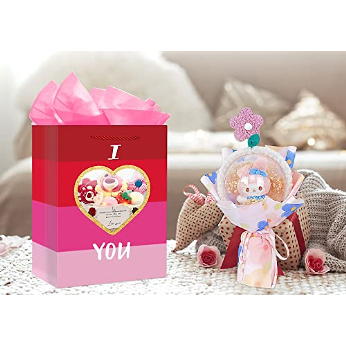 FLYAB Valentines Day Gift Bag with Tissue Paper 11.5" Valentines Gift Bag with Handle Clear Heart Gift Bags for Anniversary Wedding Valentine's Day Party Favors Birthday Valentines Gifts Wrapping