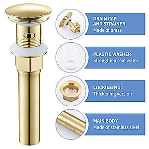 SINGSUO Pop Up Drain Stopper for Bathroom Sink, Pop Up Sink Drain with Detachable Basket Stopper, Basin Pop-up Drain Filter, Vessel Sink Drain Assembly (Brushed Gold)
