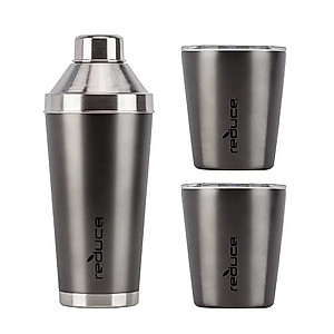 REDUCE Cocktail 3-Piece Shaker Set with 10-oz. Lowball Tumblers (Charcoal)