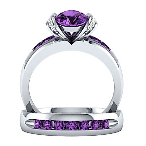 IDEALJEWEL95 1.50 ct Amethyst & White Sapphire Sterling Silver Bridal Set Ring Sizable For Women Engagement Ring/Wedding/Valentines